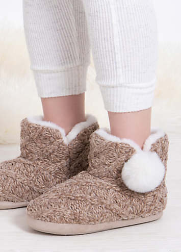 Totes Ladies Brown Cable Knit Boot Slippers with Pom Pom | bonprix