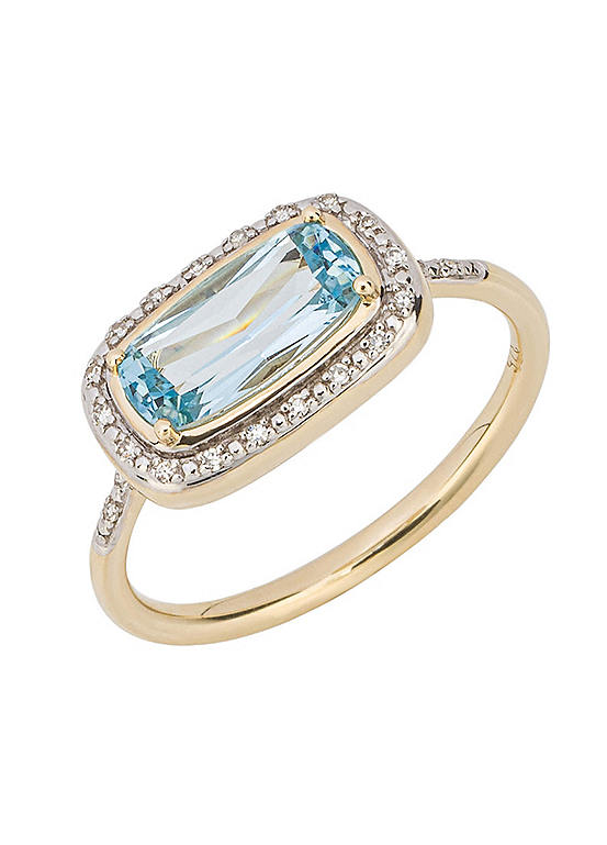 Elements Gold 9ct Gold Elongated Sky Blue Topaz & Diamond Surround Ring ...
