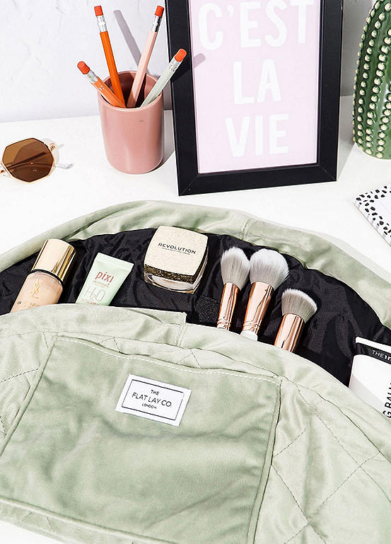 The Flat Lay Co. Sage Green Velvet Open Flat Makeup Bag | bonprix